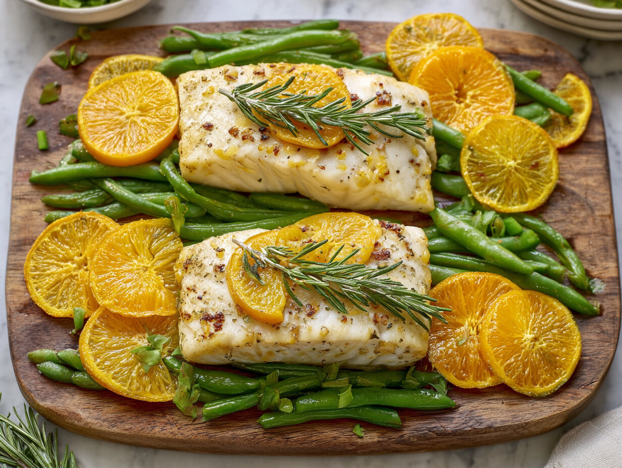 Halibut with Orange Segments, Rosemary, and Snap Peas - Kosher.com