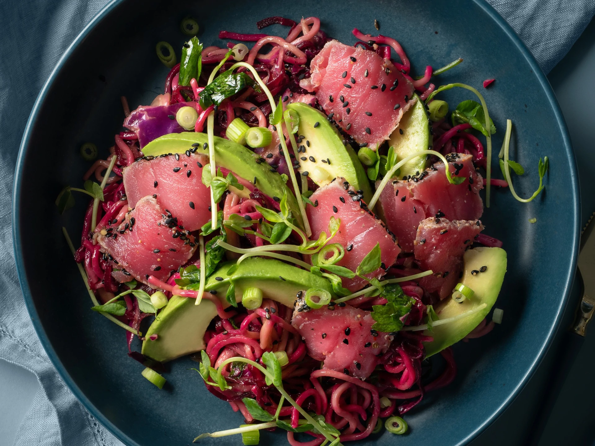 Seared Tuna with Purple Noodle Slaw - Kosher.com