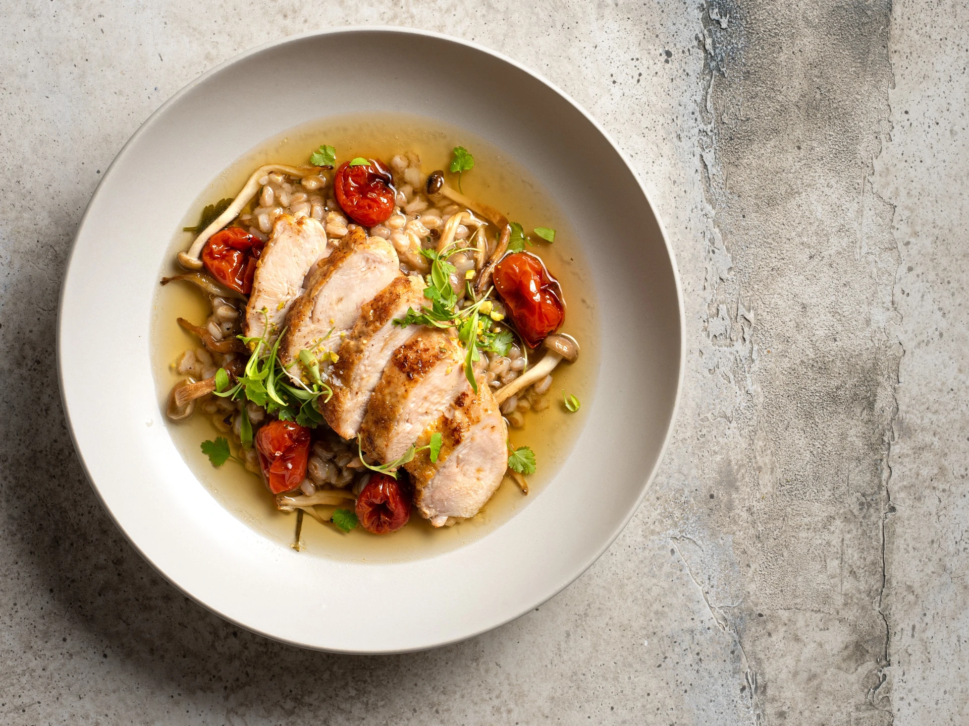 Roasted Chicken Breast with Truffle Farro Risotto, Mushrooms, and Spicy ...