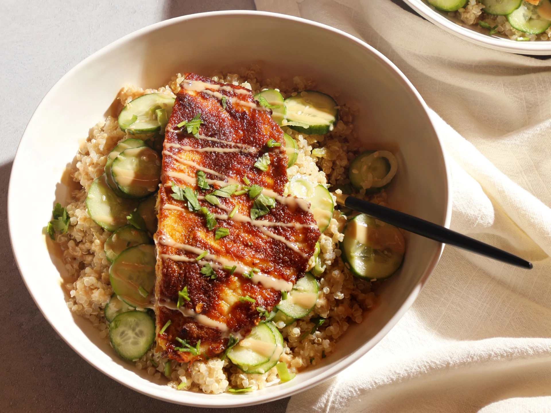 Quinoa with Sesame Cucumber Salad and Blackened Fish - Kosher.com